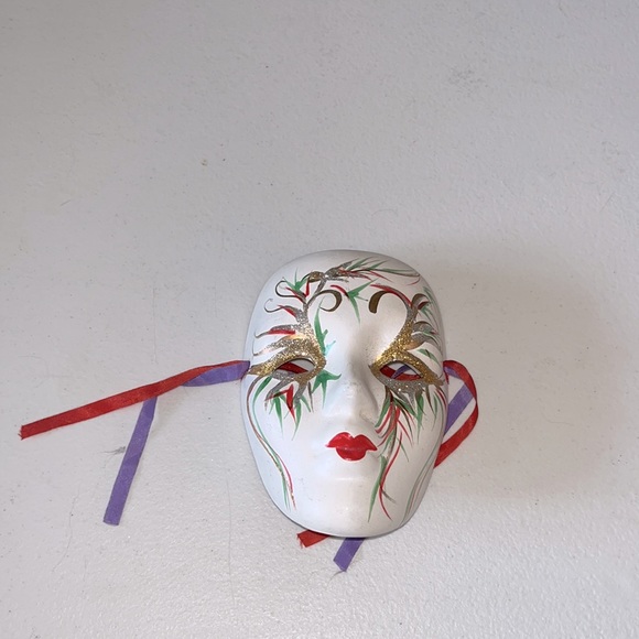 Art | Ceramic Theater Mask White Feathery Gold Green Red Ribbons Purple ...
